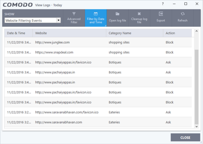 Website Filtering Logs, Web Filter | Internet Security Help | COMODO